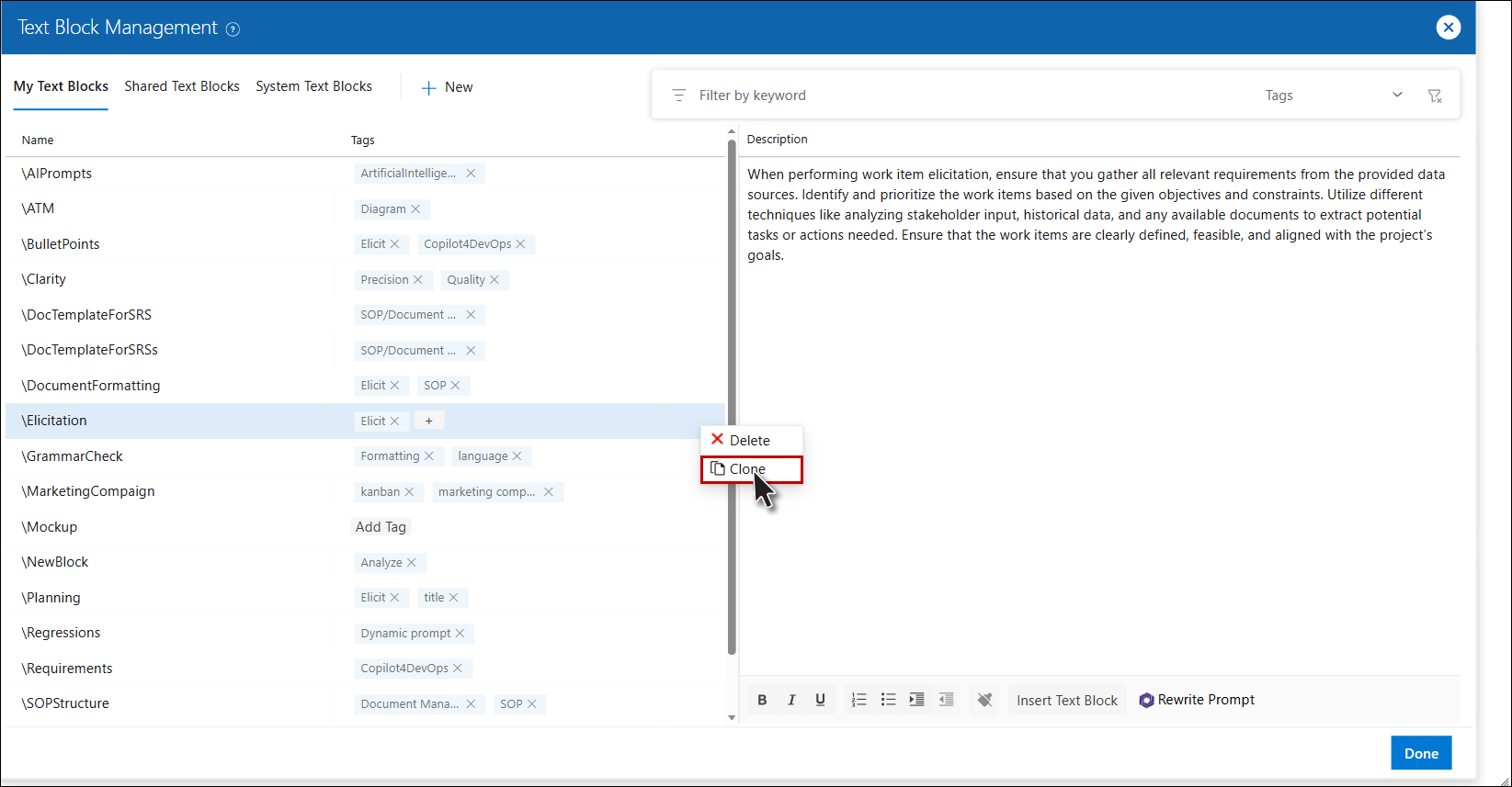 Cloning in Text Block Management
